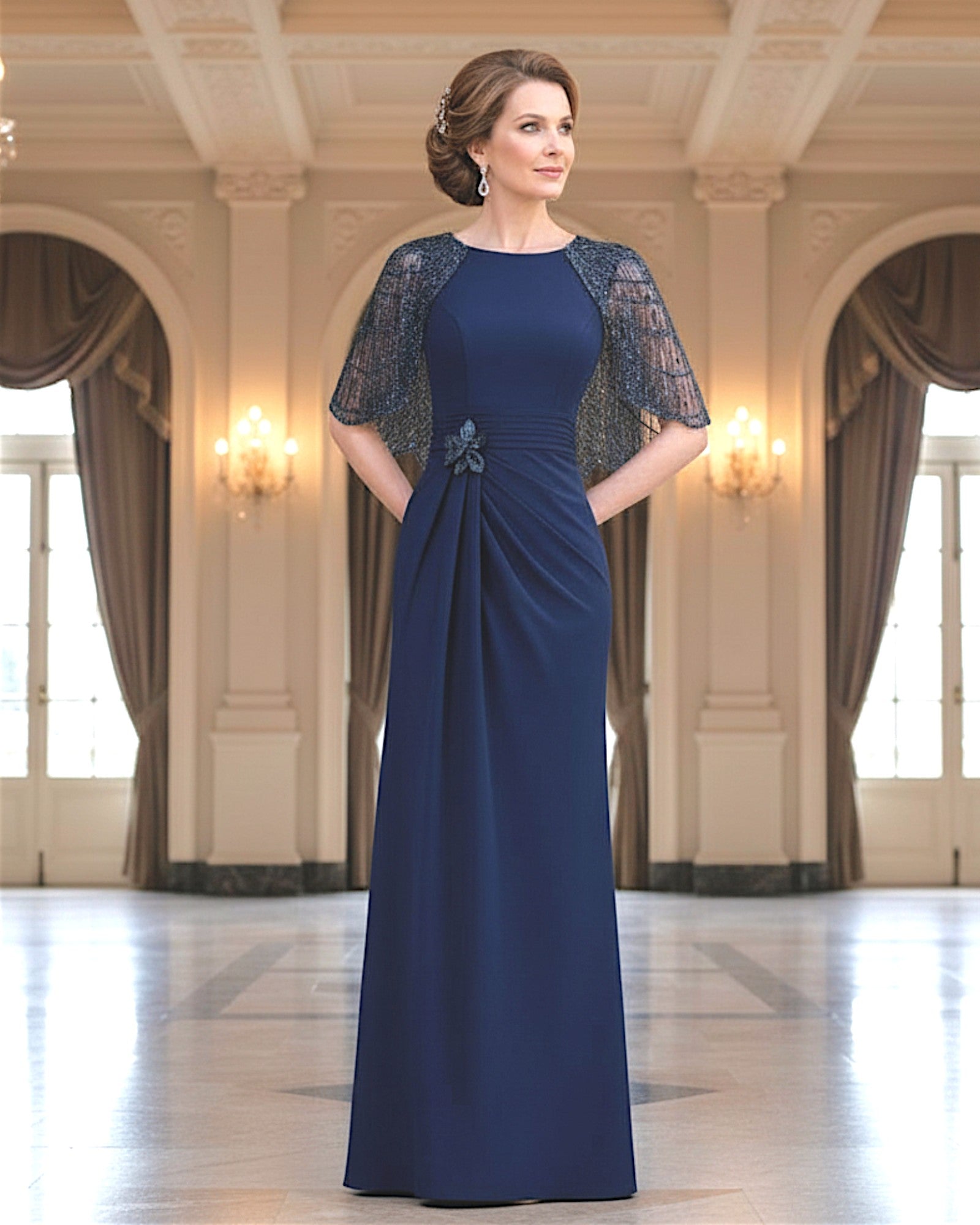 Navy Beaded Cape Gown – Couture Club | Formal Mother of the Bride Dress ...
