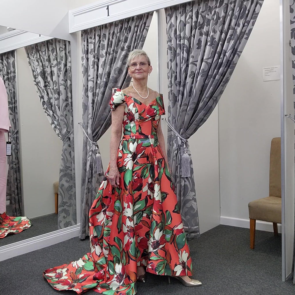 Floral Off-Shoulder Mikado Gown – Full-Length Bold Print Dress for ...